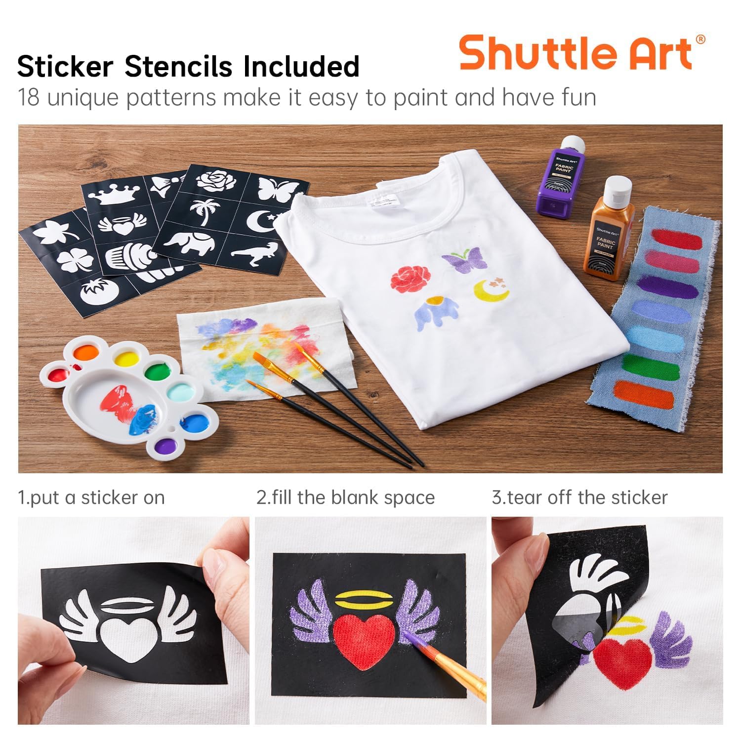 Shuttle Art 24 Colors Fabric Paint, 60ml/2oz Bottles, Permanent Soft Fabric Paint for Clothes with Brushes &Stencils, Non-Toxic Textile Paint for T-Shirts, Shoes, Jeans, Bags, DIY Projects & Crafts