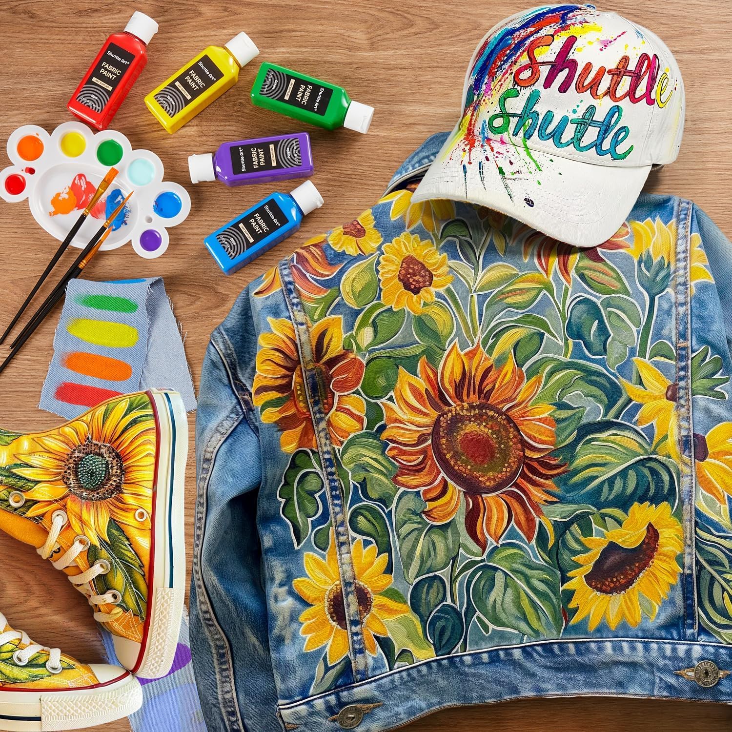 Shuttle Art 24 Colors Fabric Paint, 60ml/2oz Bottles, Permanent Soft Fabric Paint for Clothes with Brushes &Stencils, Non-Toxic Textile Paint for T-Shirts, Shoes, Jeans, Bags, DIY Projects & Crafts