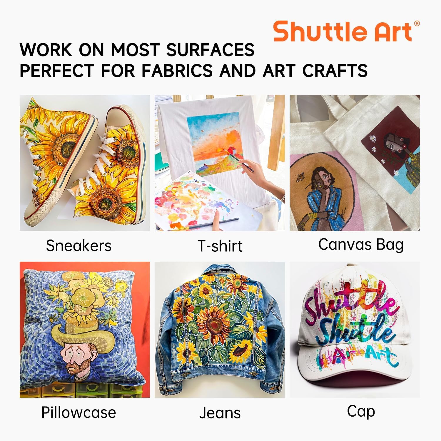 Shuttle Art 24 Colors Fabric Paint, 60ml/2oz Bottles, Permanent Soft Fabric Paint for Clothes with Brushes &Stencils, Non-Toxic Textile Paint for T-Shirts, Shoes, Jeans, Bags, DIY Projects & Crafts
