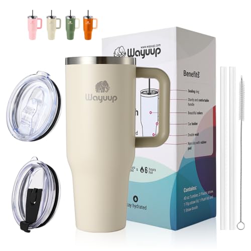 Wayuup 40 oz Tumbler with Handle and Straw Lid, Stainless Steel Vacuum Insulated Double Wall Water Bottle Leak-proof, Non Slip more than 24 Hrs or Hot for 6 Hrs (Bone), WPM40