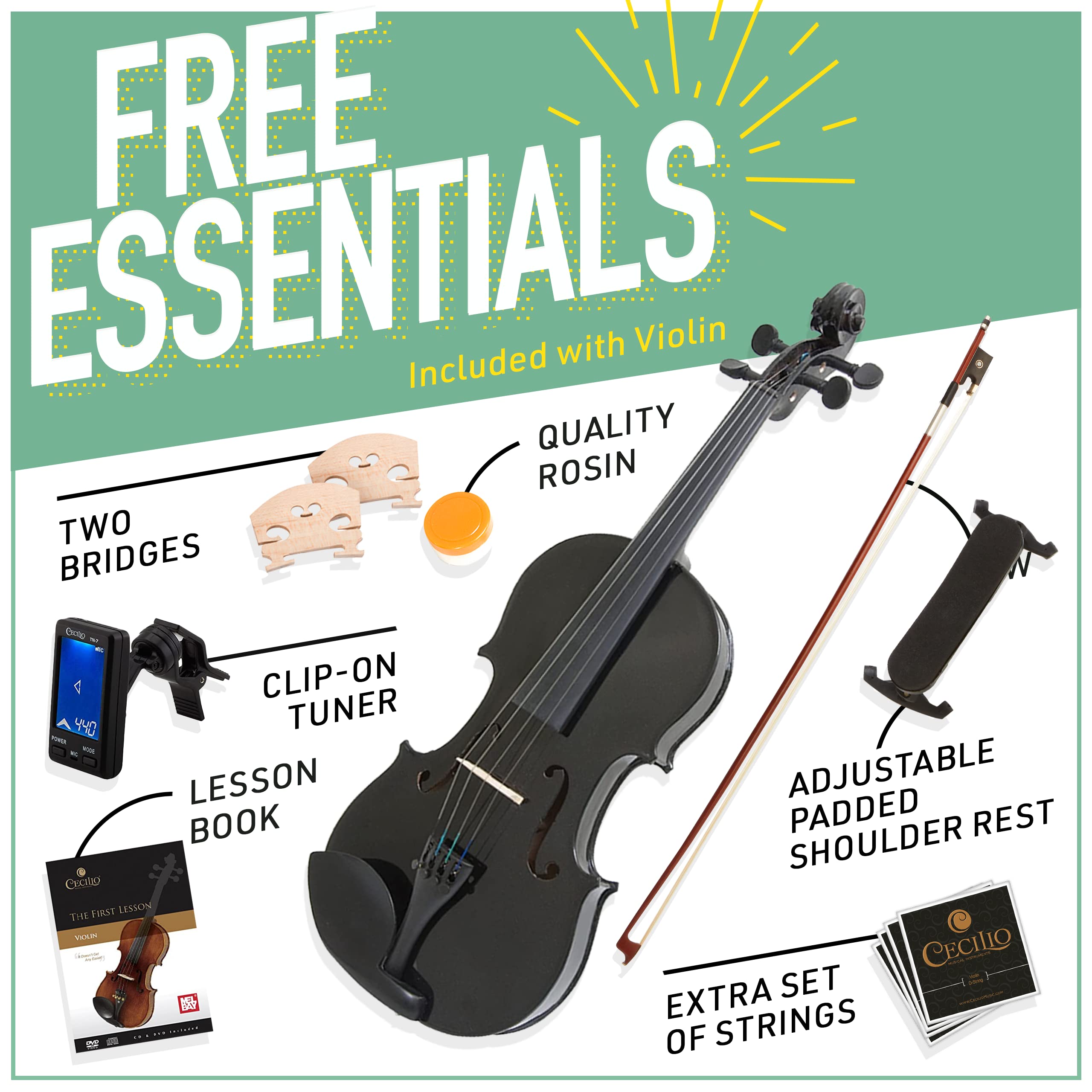 Mendini By Cecilio Violin For Kids & Adults - 4/4 MV Metallic Black Violins, Student or Beginners Kit w/Case, Bow, Extra Strings, Tuner, Lesson Book - Stringed Musical Instruments (Renewed)