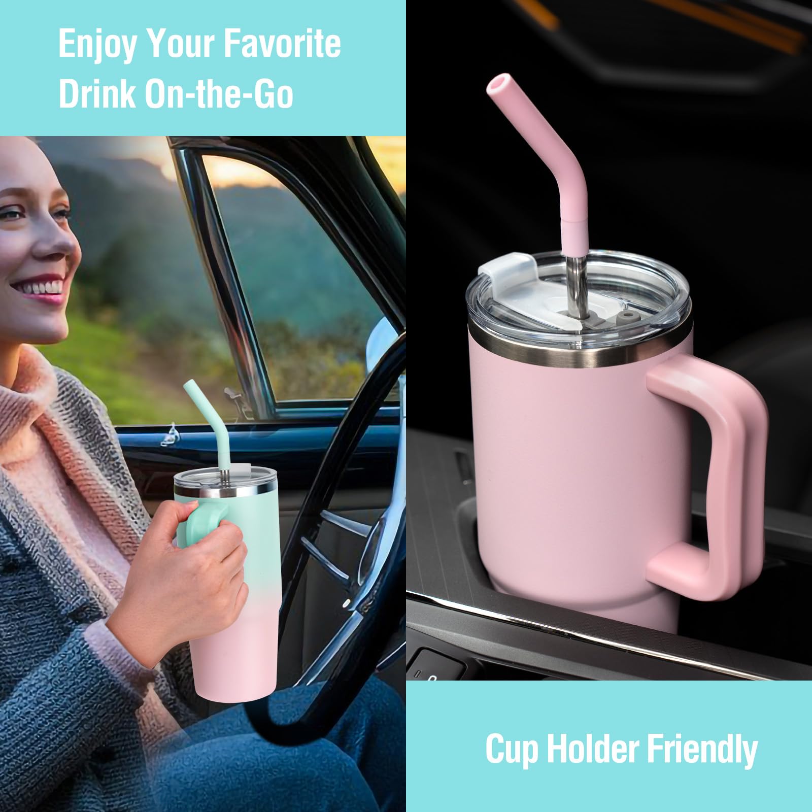 Zukro 24 oz Tumbler with Handle and Straw, Insulated Coffee Travel Mug with 2 Lids, Keep Drinks Hot and Cold, No Sweat Leak Proof Stainless Steel Cup, Dishwasher Safe, Pink