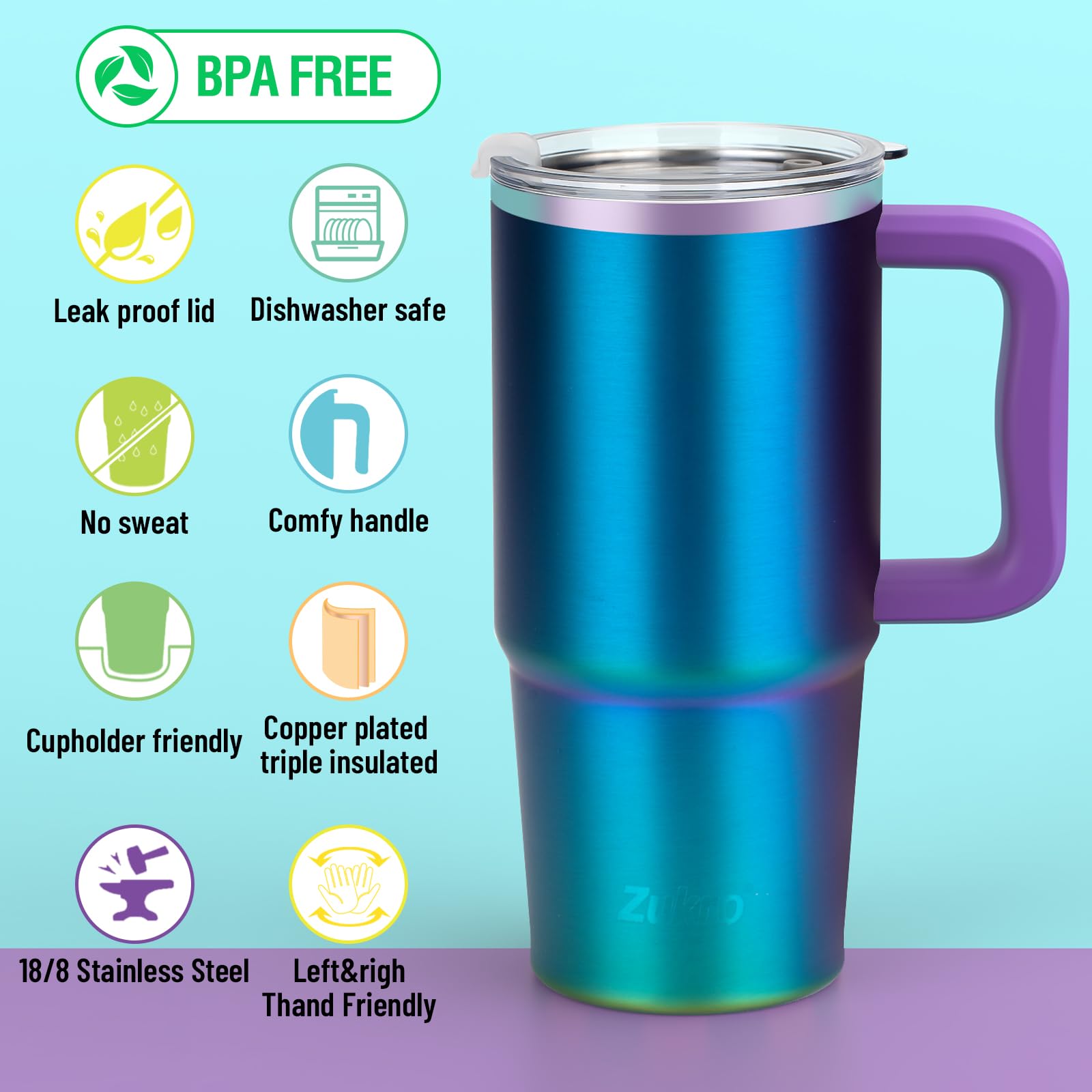Zukro 24 oz Tumbler with Handle and Straw, Insulated Coffee Travel Mug with 2 Lids, Keep Drinks Hot Or Cold, No Sweat Leak Proof Stainless Steel Cup, Dishwasher Safe, Bubblegum