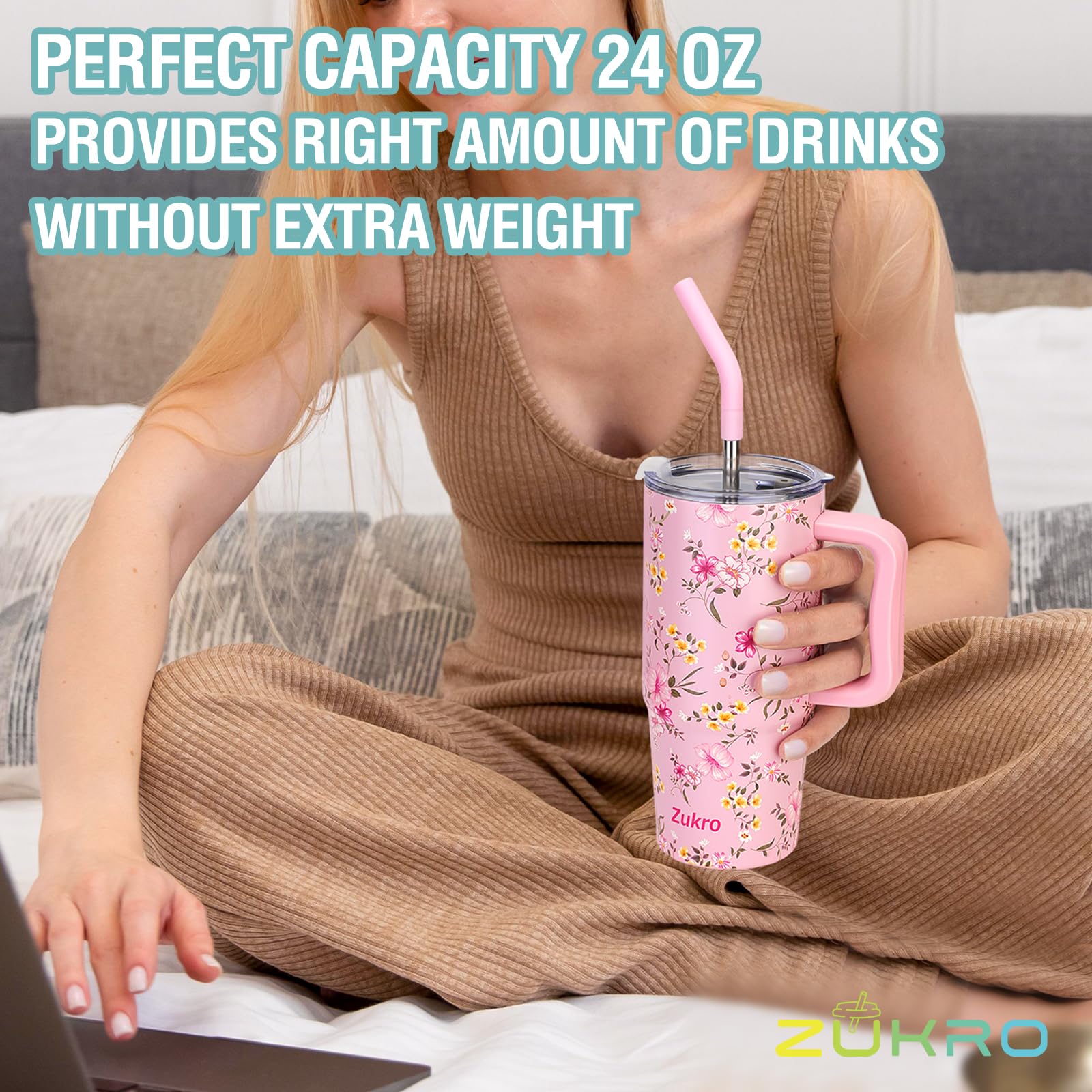 Zukro 24 oz Tumbler with Handle and Straw, Insulated Coffee Travel Mug with 2 Lids, Keep Drinks Hot Or Cold, No Sweat Leak Proof Stainless Steel Cup, Dishwasher Safe, Bubblegum