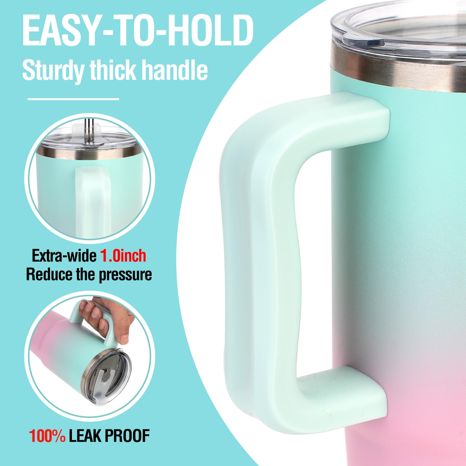 Zukro 24 oz Tumbler with Handle and Straw, Insulated Coffee Travel Mug with 2 Lids, Keep Drinks Hot Or Cold, No Sweat Leak Proof Stainless Steel Cup, Dishwasher Safe, Bubblegum