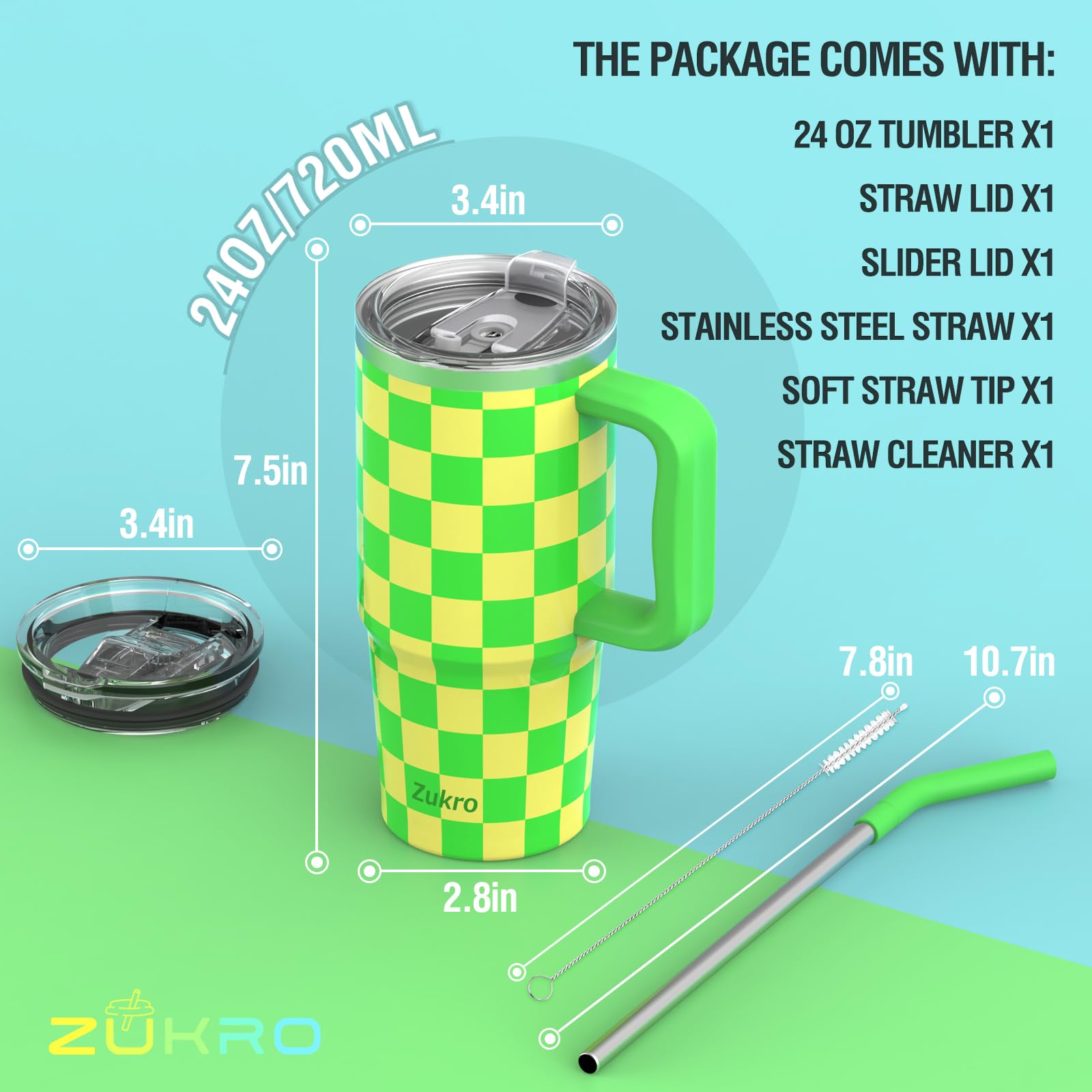 Zukro 24 oz Tumbler with Handle and Straw, Insulated Coffee Travel Mug with 2 Lids, Keep Drinks Hot Or Cold, No Sweat Leak Proof Stainless Steel Cup, Dishwasher Safe, Bubblegum