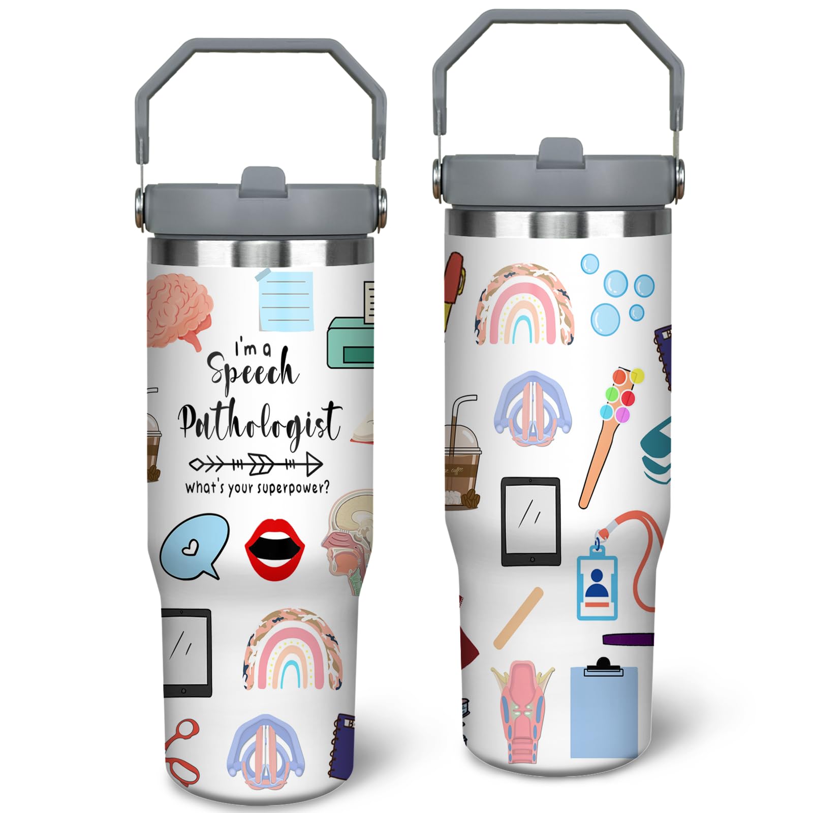Speech Therapy 30 oz Tumbler with Handle and Straw Stainless Steel Insulated SLP Travel Coffee Mug Cups Speech Language Pathology Tumblers Speech Pathologist Therapist Gifts for Women