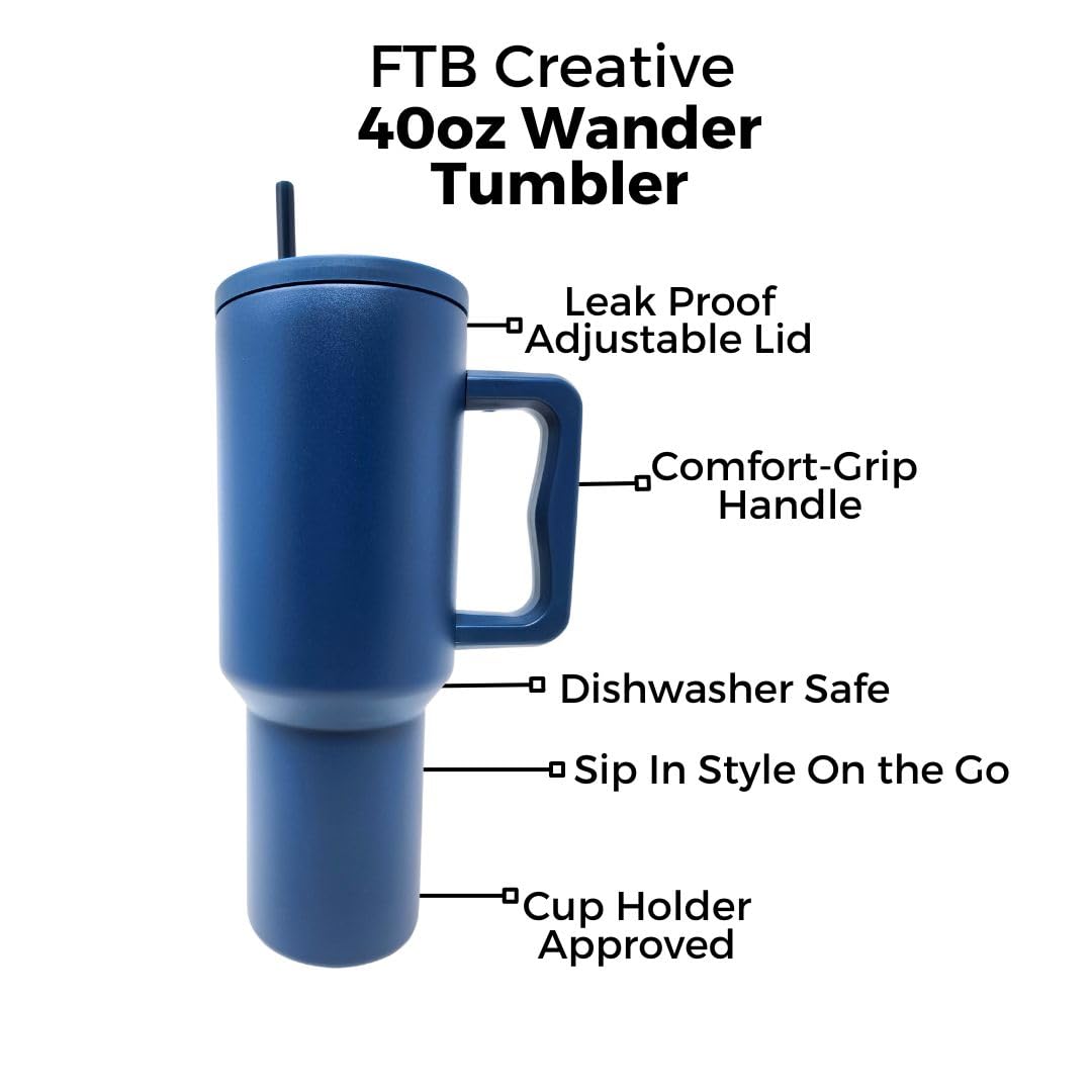 FTB Creative 40oz Custom Designed Wander Tumbler, Double Wall Stainless Steel, with Lid and Straw (Blueberry, Heavenly Things)