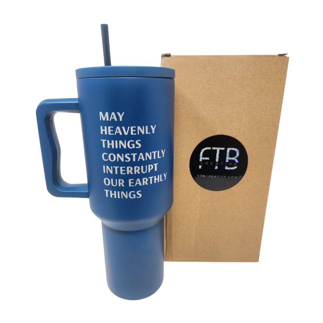 FTB Creative 40oz Custom Designed Wander Tumbler, Double Wall Stainless Steel, with Lid and Straw (Blueberry, Heavenly Things)