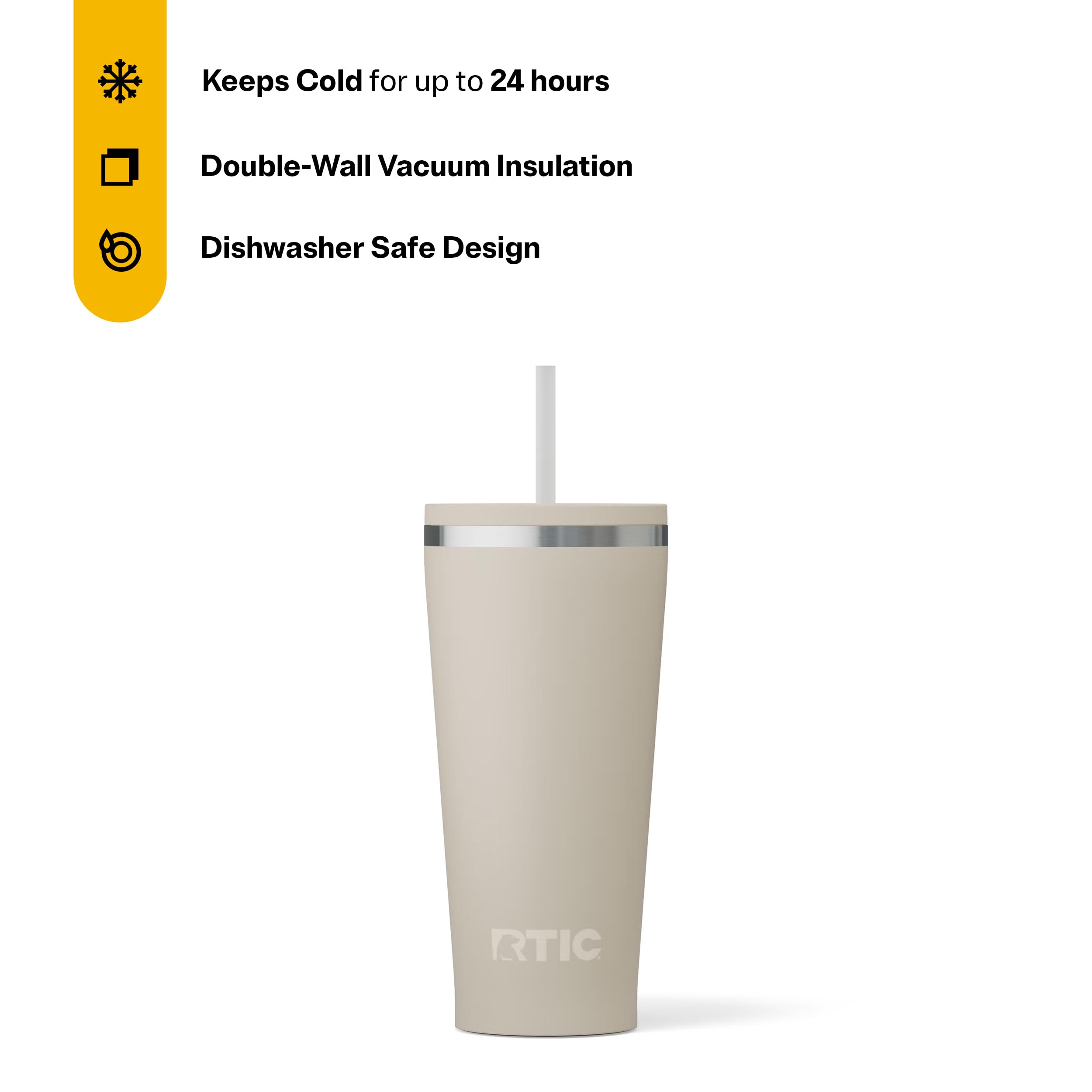 RTIC 20oz Everyday Tumbler Insulated Stainless Steel Portable Travel Coffee Cup with Straw, Spill-Resistant Lid, BPA-Free, Hot and Cold Drink, Ceramic Lining, Beach