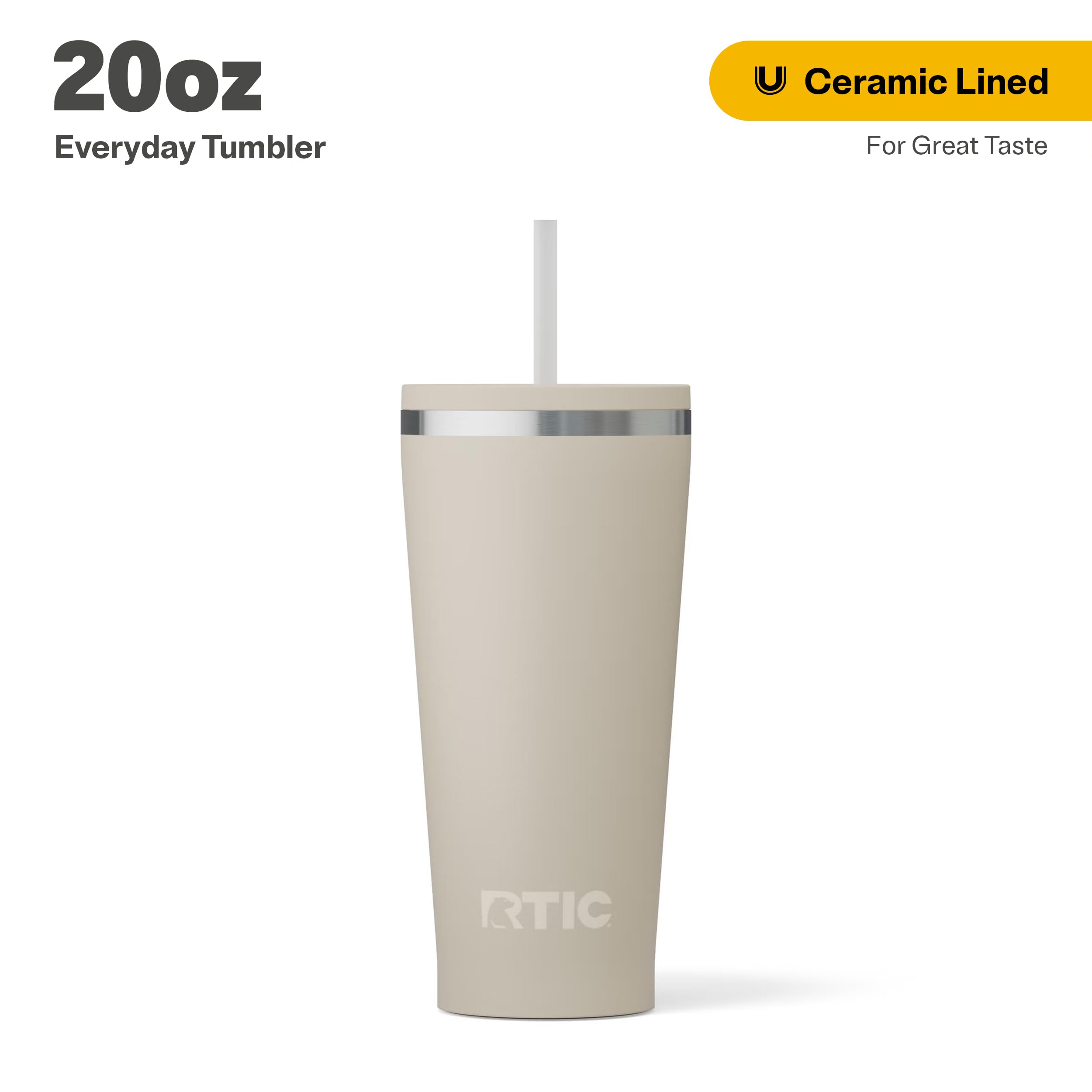 RTIC 20oz Everyday Tumbler Insulated Stainless Steel Portable Travel Coffee Cup with Straw, Spill-Resistant Lid, BPA-Free, Hot and Cold Drink, Ceramic Lining, Beach