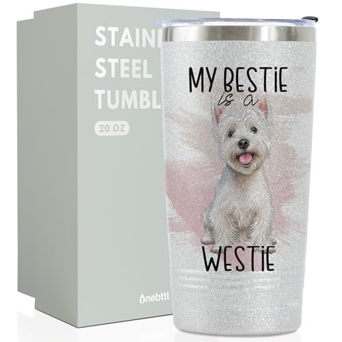 Onebttl Westie Gifts for Women, Westie Lover Gifts, 20oz (590ml) Westie Glitter Tumbler with Lid and Straw, for Christmas, Birthday, Gifts for Westie Mom
