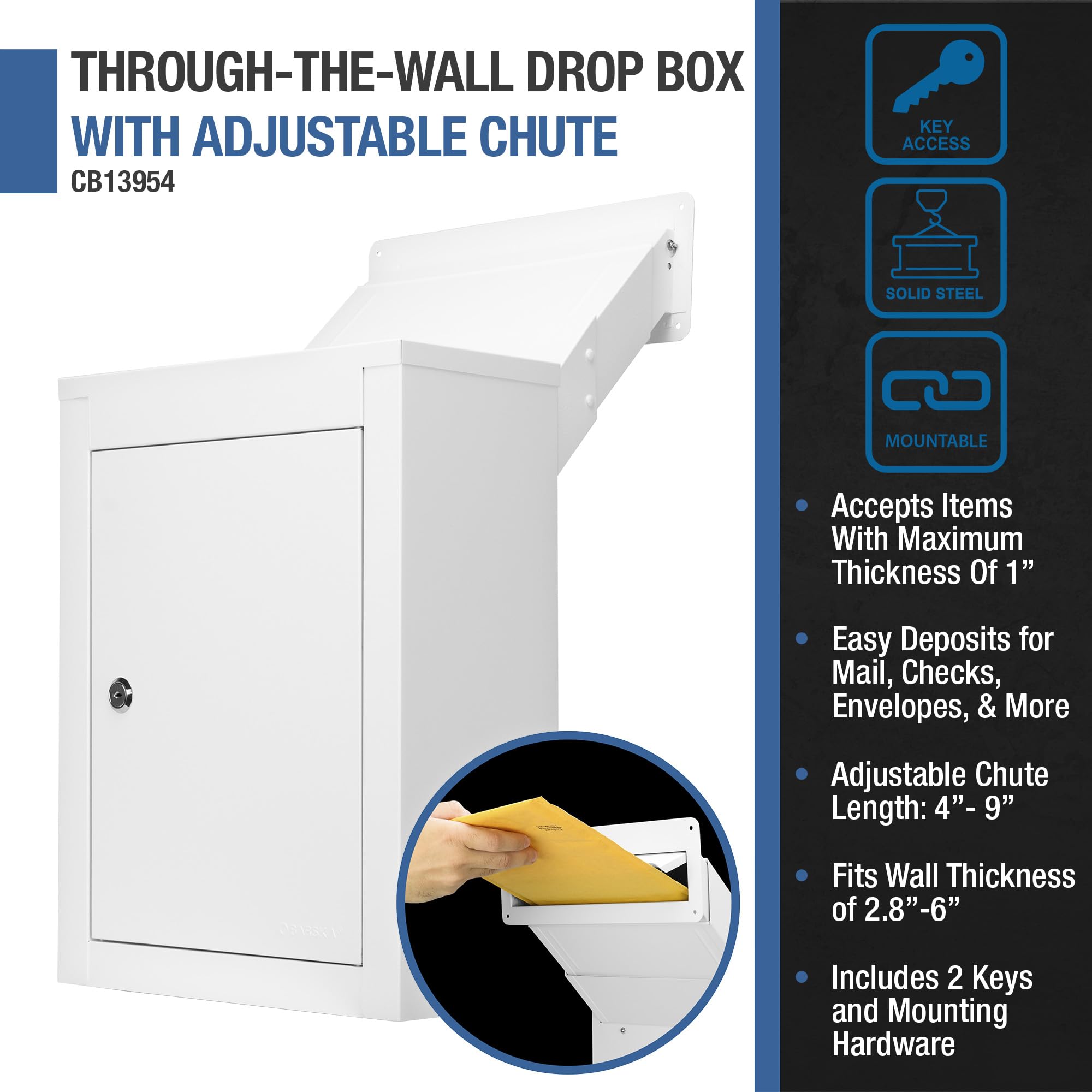 Barska CB13954 Through-The-Wall Mail Drop Box with Adjustable Chute with Key Lock, for Home & Office Document Cash Deposit Retrieval