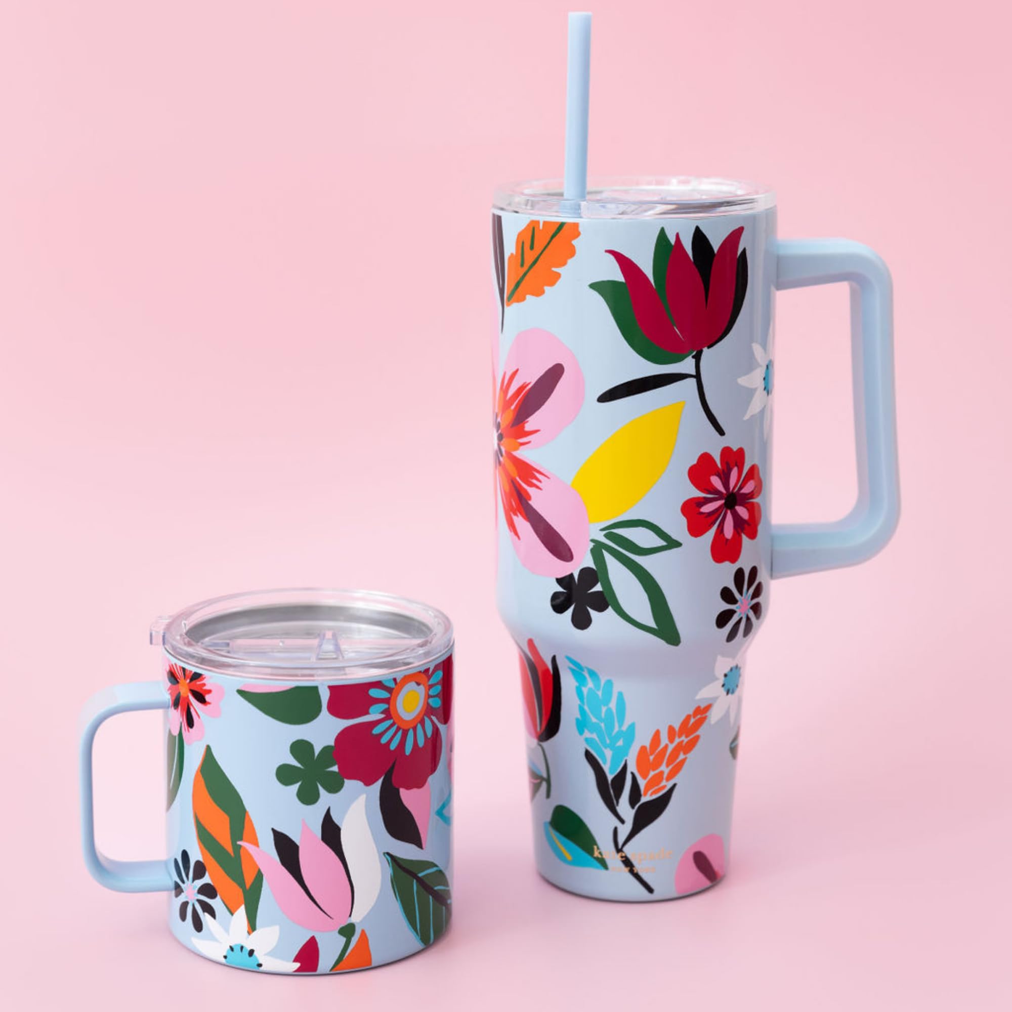 kate spade new york 40 Ounce Tumbler with Handle and Straw, Double Wall Stainless Steel Insulated Cup, Cupholder Friendly 40 oz Cup, Metal Drinking Cup for Hot or Cold Drinks (Safari Floral)