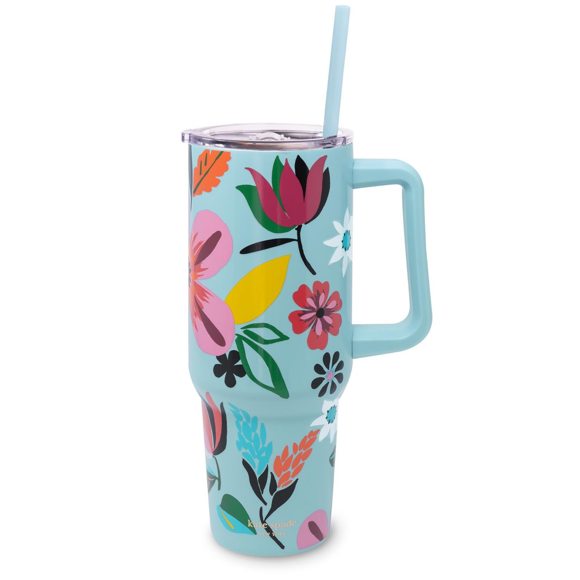 kate spade new york 40 Ounce Tumbler with Handle and Straw, Double Wall Stainless Steel Insulated Cup, Cupholder Friendly 40 oz Cup, Metal Drinking Cup for Hot or Cold Drinks (Safari Floral)