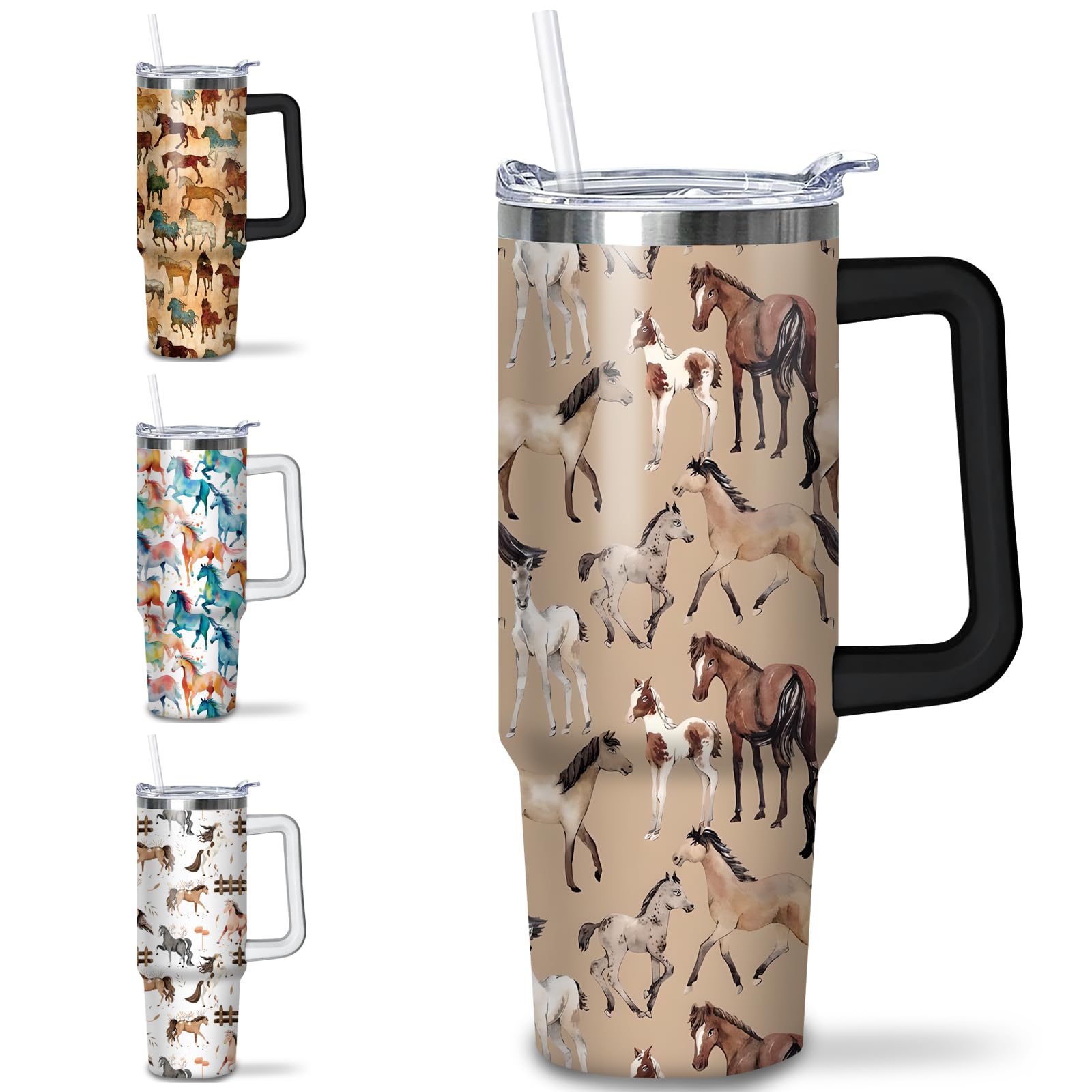 puhnhsv 30 oz Horse Tumbler With Handle and Straw, 30oz Insulated Stainless Horse Tumbler Coffee Travel Mugs Cup Water Bottle Horse Lovers Gifts for Women Girls