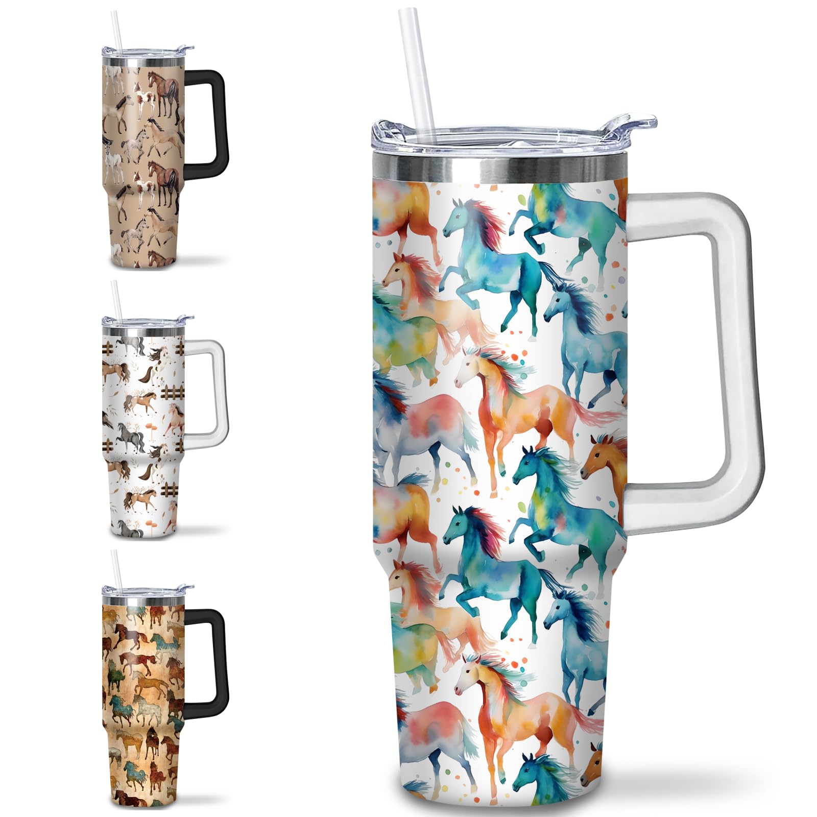Puhnhsv 30 oz Horse Tumbler With Handle and Straw, 30oz Insulated Stainless Coffee Travel Mugs Cup Water Bottle Horse Lovers Gifts for Women Girls