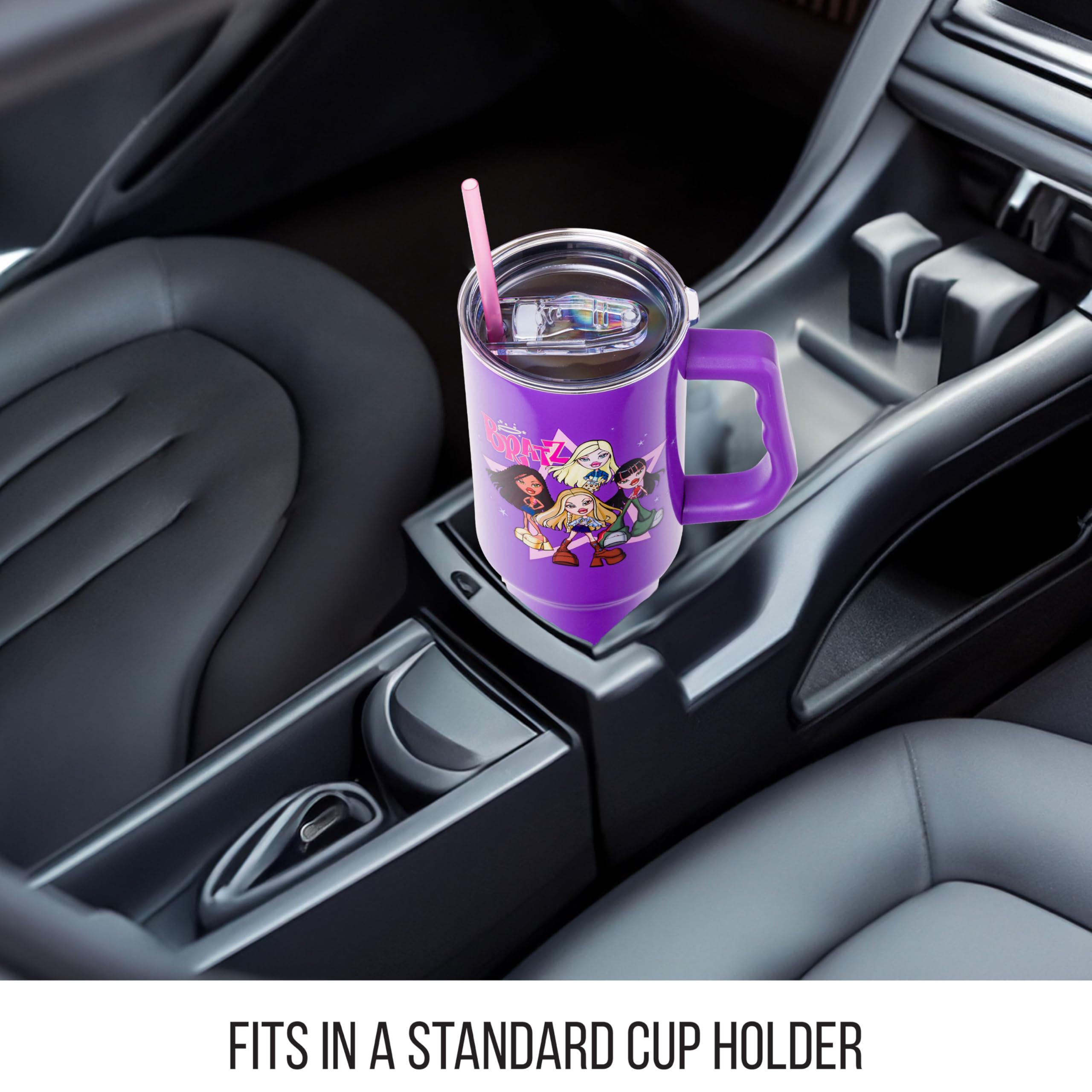 Silver Buffalo Bratz Featuring Cloe, Yasmin, Jade, and Sasha Stainless Steel Tumbler with Handle and Straw, Fits in Standard Cup Holder, 40 Ounces