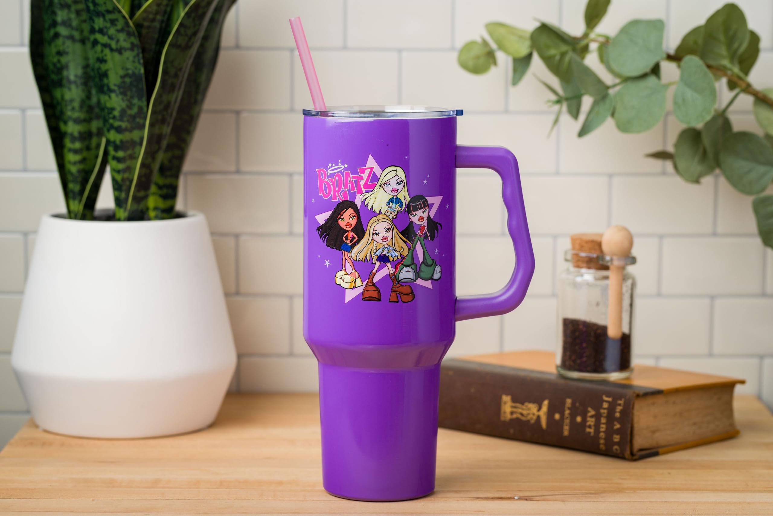 Silver Buffalo Bratz Featuring Cloe, Yasmin, Jade, and Sasha Stainless Steel Tumbler with Handle and Straw, Fits in Standard Cup Holder, 40 Ounces