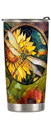 ORCAE 20oz Yellow Stained Glass Sunflower Dragonfly Tumbler, Gifts for Dragonfly Lovers, Coffee Thermos for Women, Stainless Steel Double Wall Vacuum Insulated Coffee Mug, Travel Cup with Lid - F