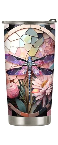 ORCAE 20oz Pink Crystal Stained Glass Flower Dragonfly Tumbler, Gifts for Dragonfly Lovers, Coffee Thermos for Women, Stainless Steel Double Wall Vacuum Insulated Coffee Mug, Travel Cup with Lid - E
