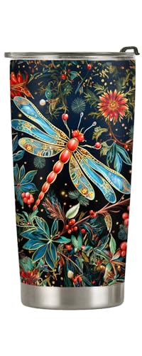 ORCAE 20oz Retro Vintage Flower Dragonfly Tumbler, Gifts for Dragonfly Lovers, Coffee Thermos for Women, Stainless Steel Double Wall Vacuum Insulated Coffee Mug, Travel Cup with Lid - I