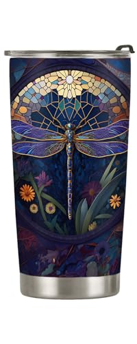 ORCAE 20oz Blue Purple Stained Glass Dragonfly Tumbler, Gifts for Dragonfly Lovers, Coffee Thermos for Women, Stainless Steel Double Wall Vacuum Insulated Coffee Mug, Travel Cup with Lid - G