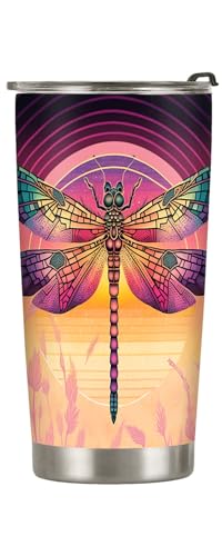 ORCAE 20oz Colorful Hippie Dragonfly Tumbler, Gifts for Dragonfly Lovers, Coffee Thermos for Women, Stainless Steel Double Wall Vacuum Insulated Coffee Mug, Travel Cup with Lid - B