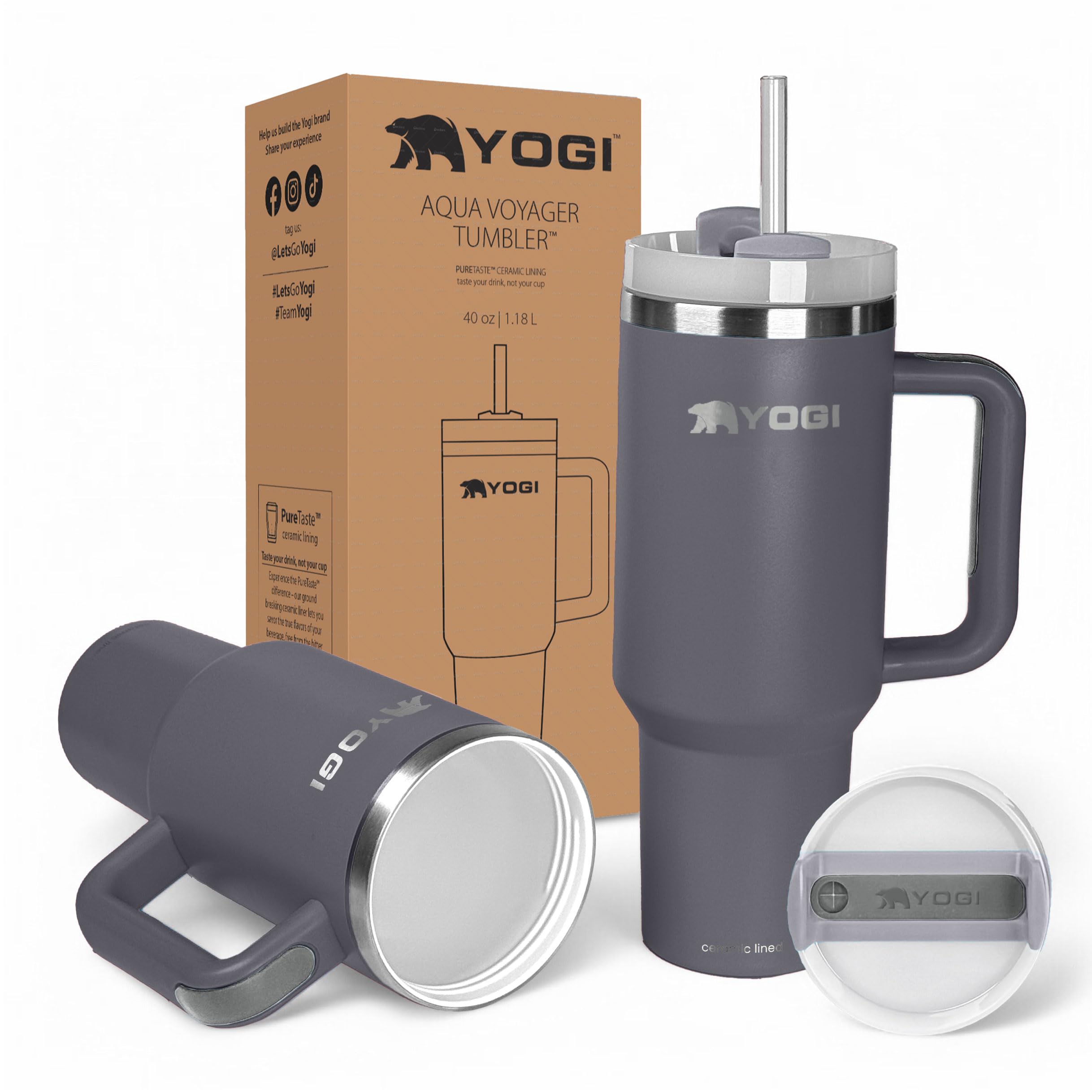 YOGI Ceramic Lined Tumbler with Handle and Straw Lid, Stainless Steel Travel Mug & Water Tumbler, Vacuum Sealed Cup with Handle - 40oz Graphite