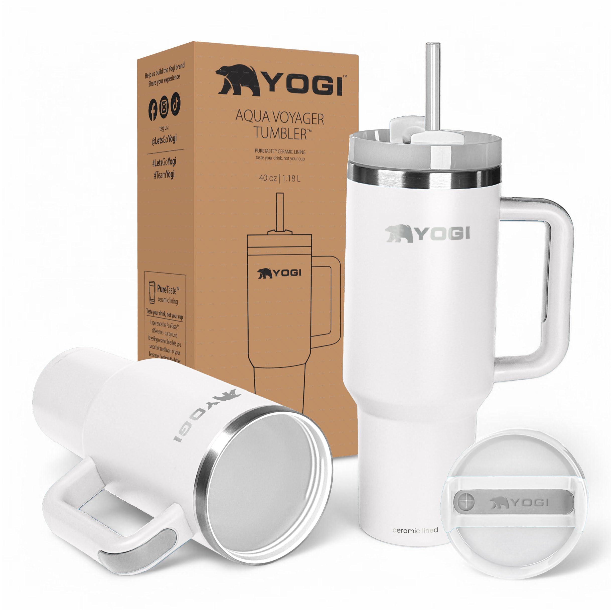 YOGI Ceramic Lined Tumbler with Handle and Straw Lid, Stainless Steel Travel Mug & Water Tumbler, Vacuum Sealed Cup with Handle - 40oz Arctic White