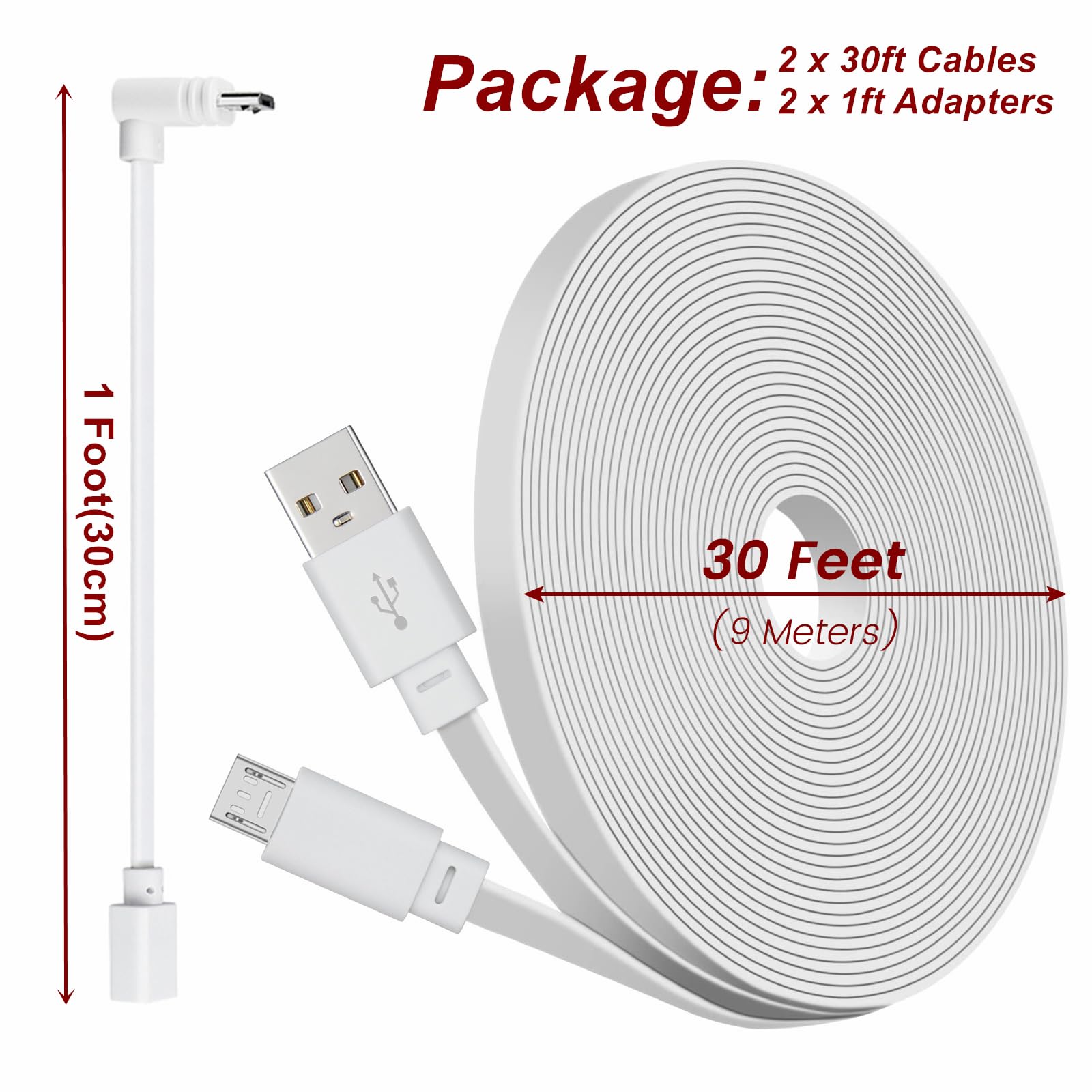 2 Pack 30ft Power Extension Cable Compatible with Wyze Cam v4,Wyze Cam Pan v3,Wyze OG,Wyze Cam v3 and v3 Pro Security Camera - 9m Long Flat USB to Micro USB Charging Cord with L-Shaped Adapter, White