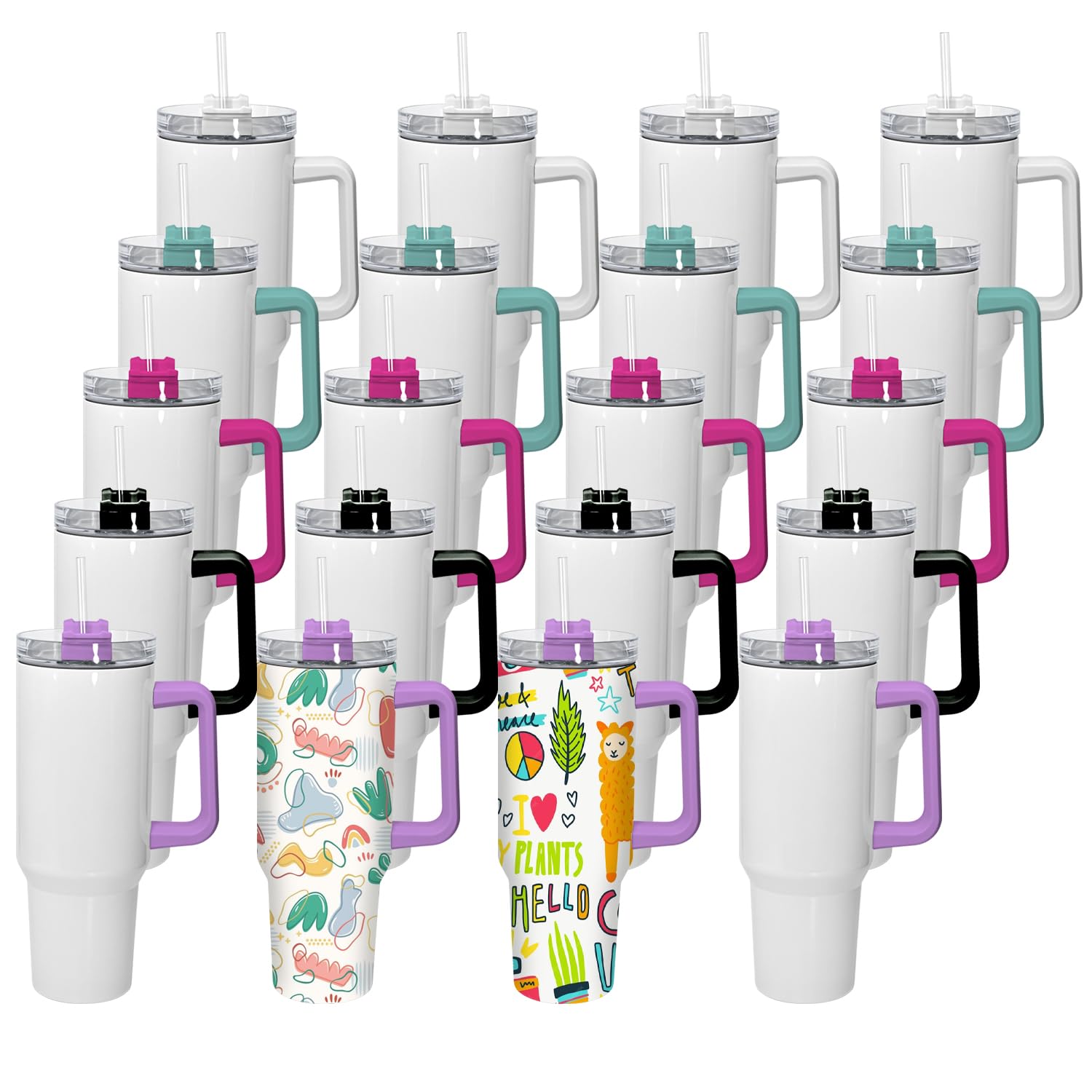 Icesip 20 Pack 40 oz Sublimation Tumblers with Handle and Straw, Stainless Steel Double Wall Vacuum Insulated Travel Mug Bulk 40oz Sublimation Tumbler Blank, 5 Colors