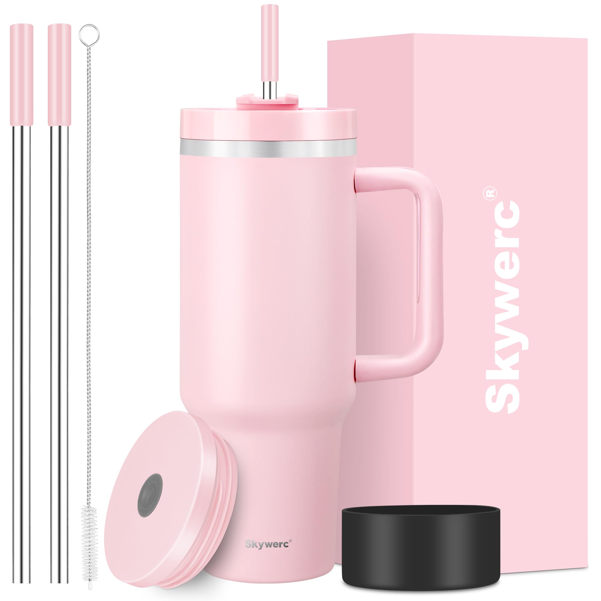 40 oz Tumbler with Handle and Straw, 2 Lids (2 in 1 & LeakProof Lid) - Vacuum Insulated Stainless Steel Double Wall Water Bottle Travel Mug - Holiday Gifts for Women Men - Baby Pink