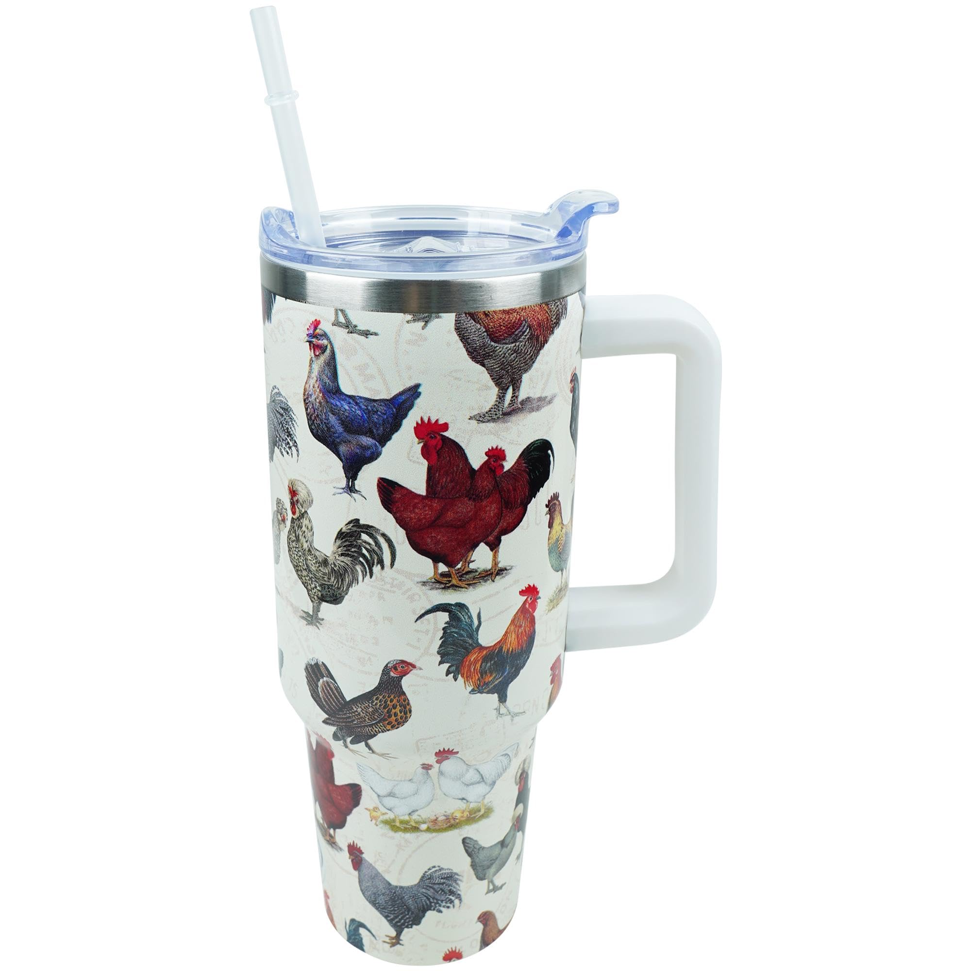 PERRIFIC 30 oz Tumbler with Handle and Straw Lid Leak Proof, Chicken and Rooster Design Coffee Travel Mug with Handle Insulated for Hot and Cold Drink Ice, Mother's Day Birthday Gifts for Women Mom
