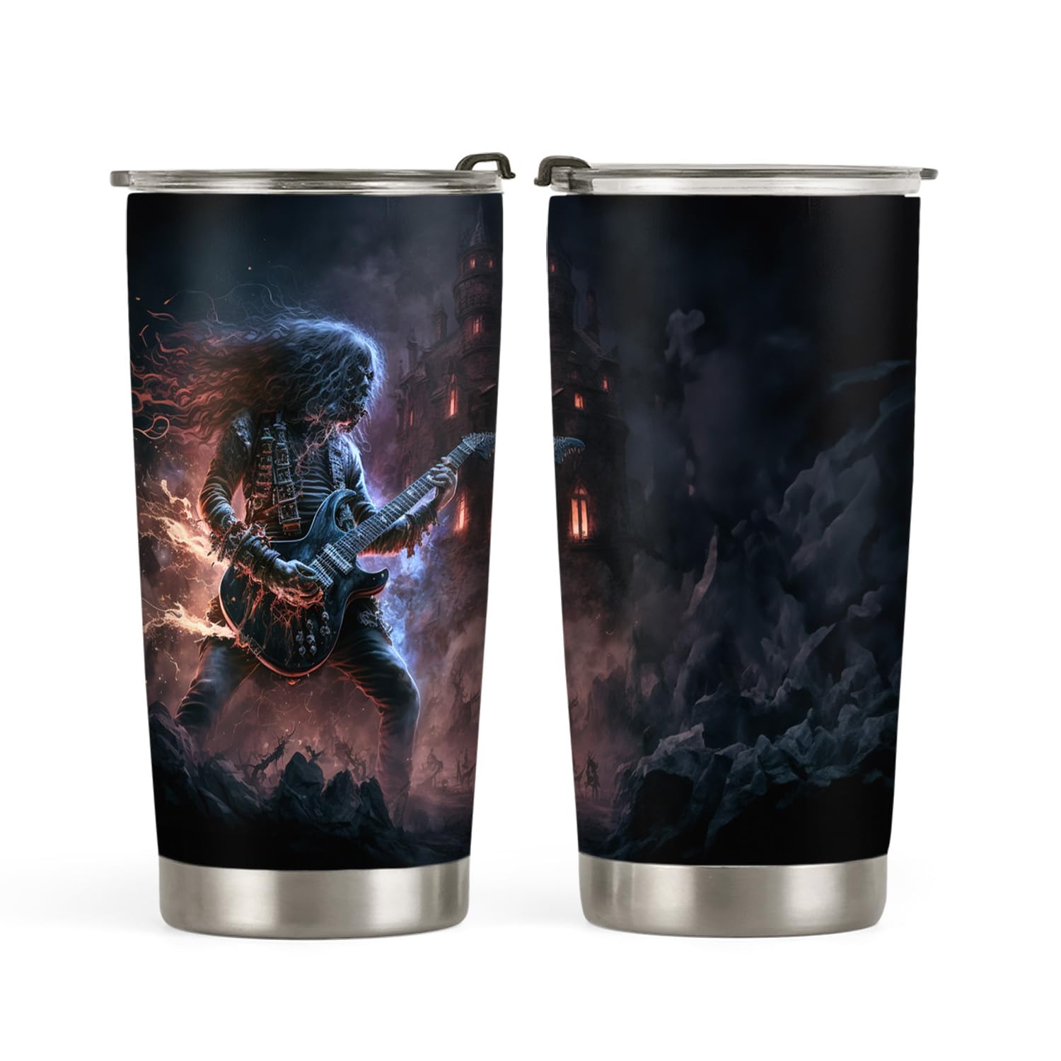 20oz Metal Rock Skull Reaper Electric Guitar Tumbler, Guitarist, Musician Gifts, Coffee Thermos for Men, Stainless Steel Double Wall Vacuum Insulated Coffee Mug, Travel Cup with Lid