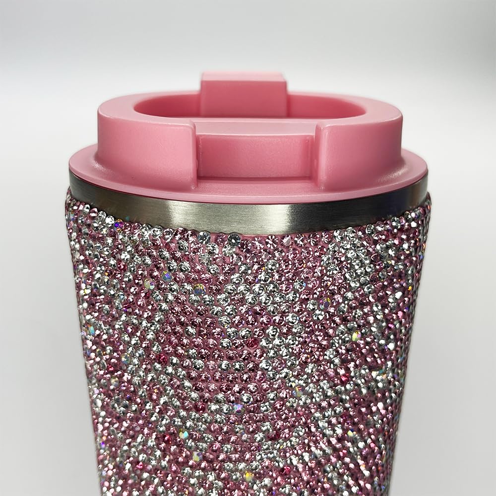 Cupcupmore 12 oz Bling Pink&White Rhinestone Stainless Steel Coffee Tumbler,Shiny Travel Insulated Coffee Mug with Lid, Reusable Spill Proof Coffee Cup,Portable Thermal Mug for Hot and Cold