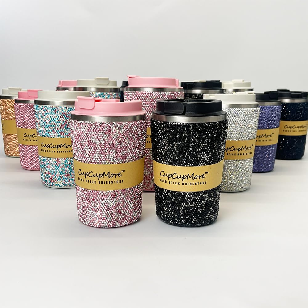 Cupcupmore 12 oz Bling Pink&White Rhinestone Stainless Steel Coffee Tumbler,Shiny Travel Insulated Coffee Mug with Lid, Reusable Spill Proof Coffee Cup,Portable Thermal Mug for Hot and Cold