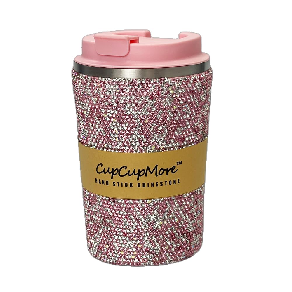 Cupcupmore 12 oz Bling Pink&White Rhinestone Stainless Steel Coffee Tumbler,Shiny Travel Insulated Coffee Mug with Lid, Reusable Spill Proof Coffee Cup,Portable Thermal Mug for Hot and Cold