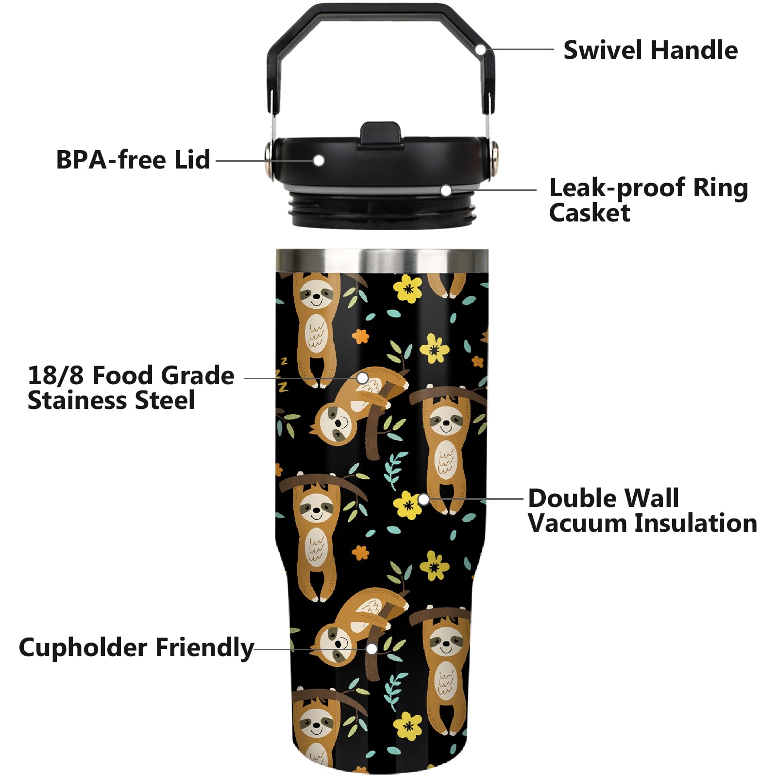 ysnifeiw 30oz Sloth Tumbler with Handle and Straw, Stainless Steel Insulated Sloth Cup with Top Handle and Lid, Sloth Coofee Mug Gifts for Women Men