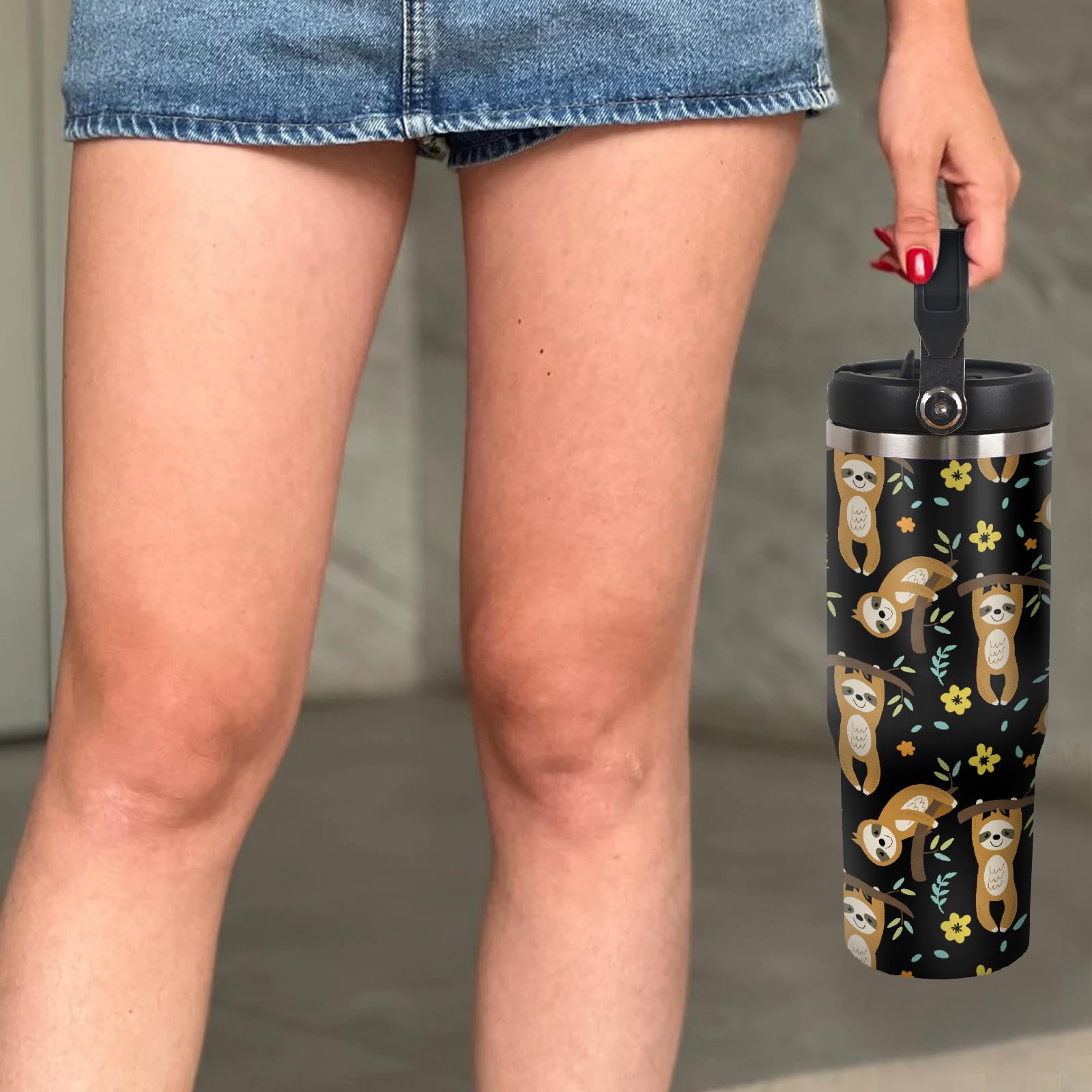 ysnifeiw 30oz Sloth Tumbler with Handle and Straw, Stainless Steel Insulated Sloth Cup with Top Handle and Lid, Sloth Coofee Mug Gifts for Women Men