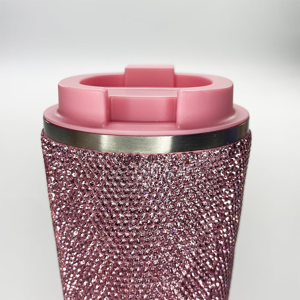 Cupcupmore 12 oz Bling Pink Rhinestone Stainless Steel Coffee Tumbler,Shiny Travel Insulated Coffee Mug with Lid, Reusable Spill Proof Coffee Cup,Portable Thermal Mug for Hot and Cold