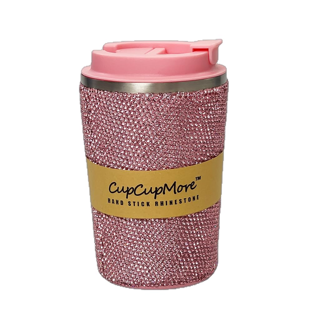 Cupcupmore 12 oz Bling Pink Rhinestone Stainless Steel Coffee Tumbler,Shiny Travel Insulated Coffee Mug with Lid, Reusable Spill Proof Coffee Cup,Portable Thermal Mug for Hot and Cold