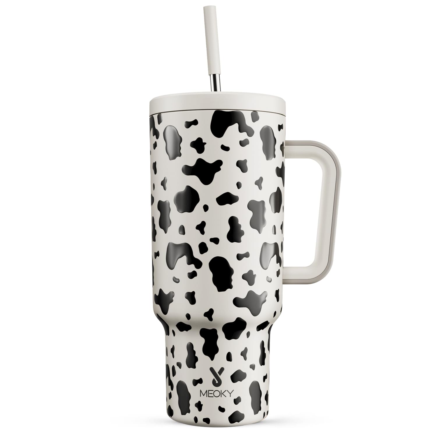 Meoky 40 oz Tumbler with Handle and Straw, Tumbler with Lid and Straw, Insulated Stainless Steel Travel Mug, 100% Leak-proof, Keeps Cold for 34 Hours or Hot for 10 Hours (Cow)