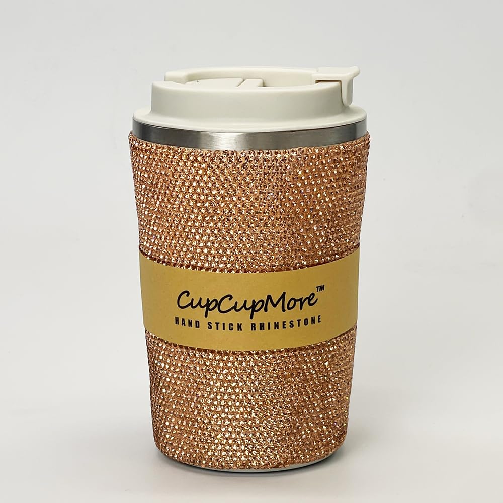 Cupcupmore 12 oz Bling Champane Rhinestone Stainless Steel Coffee Tumbler,Shiny Travel Insulated Coffee Mug with Lid, Reusable Spill Proof Coffee Cup,Portable Thermal Mug for Hot and Cold