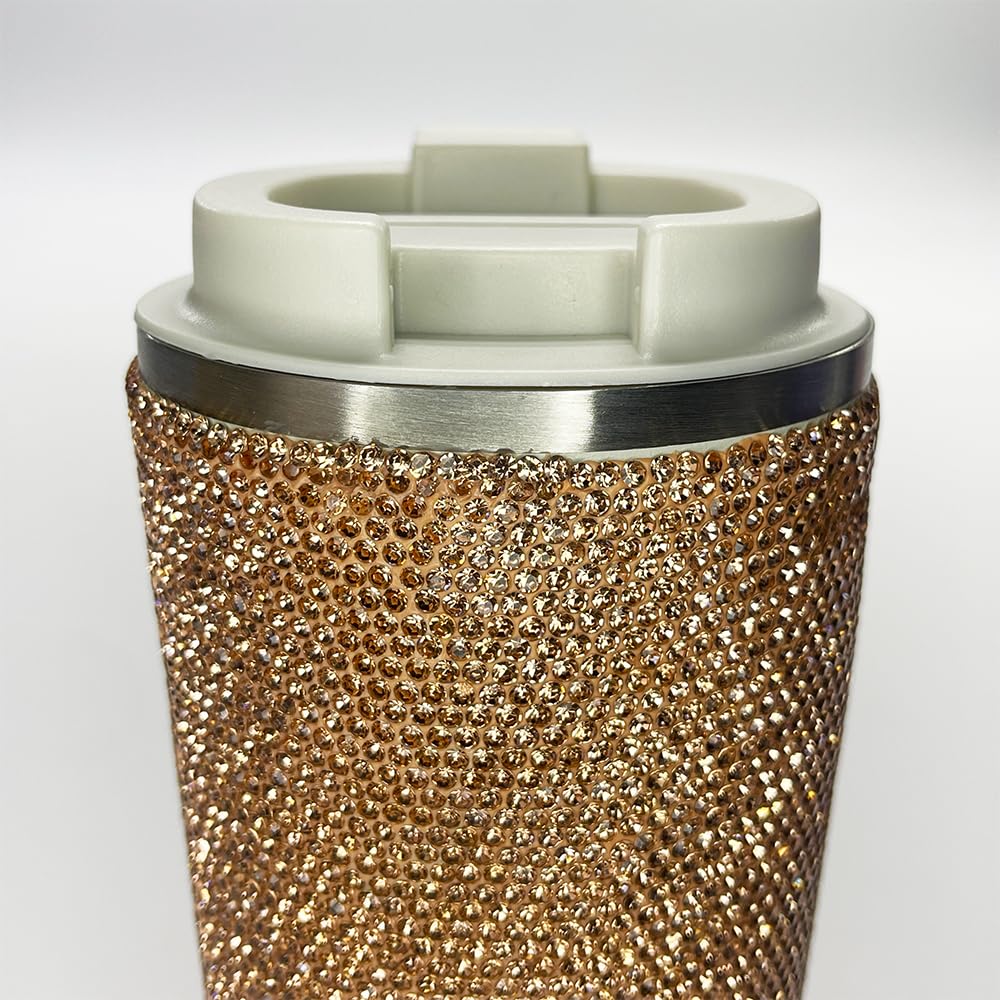 Cupcupmore 12 oz Bling Champane Rhinestone Stainless Steel Coffee Tumbler,Shiny Travel Insulated Coffee Mug with Lid, Reusable Spill Proof Coffee Cup,Portable Thermal Mug for Hot and Cold