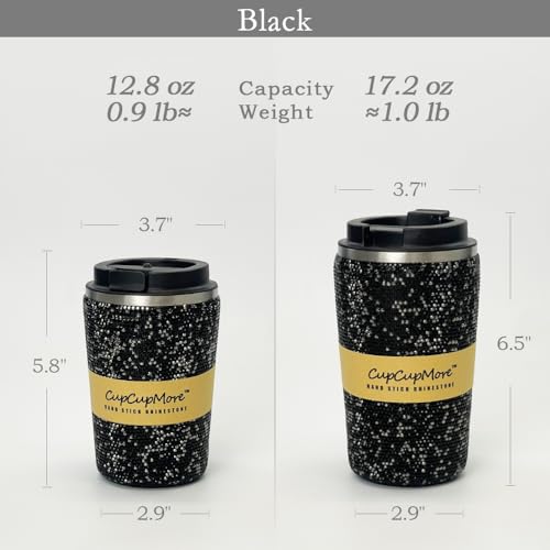 Cupcupmore 12 oz Bling Black Rhinestone Stainless Steel Coffee Tumbler,Shiny Travel Insulated Coffee Mug with Lid, Reusable Spill Proof Coffee Cup,Portable Thermal Mug for Hot and Cold