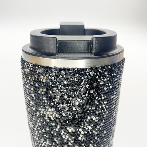 Cupcupmore 12 oz Bling Black Rhinestone Stainless Steel Coffee Tumbler,Shiny Travel Insulated Coffee Mug with Lid, Reusable Spill Proof Coffee Cup,Portable Thermal Mug for Hot and Cold