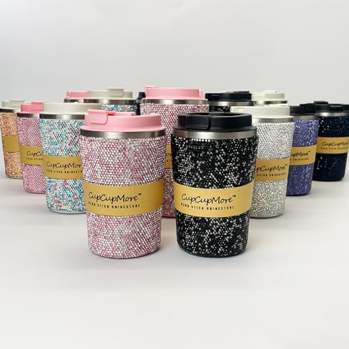 Cupcupmore 12 oz Bling Black Rhinestone Stainless Steel Coffee Tumbler,Shiny Travel Insulated Coffee Mug with Lid, Reusable Spill Proof Coffee Cup,Portable Thermal Mug for Hot and Cold