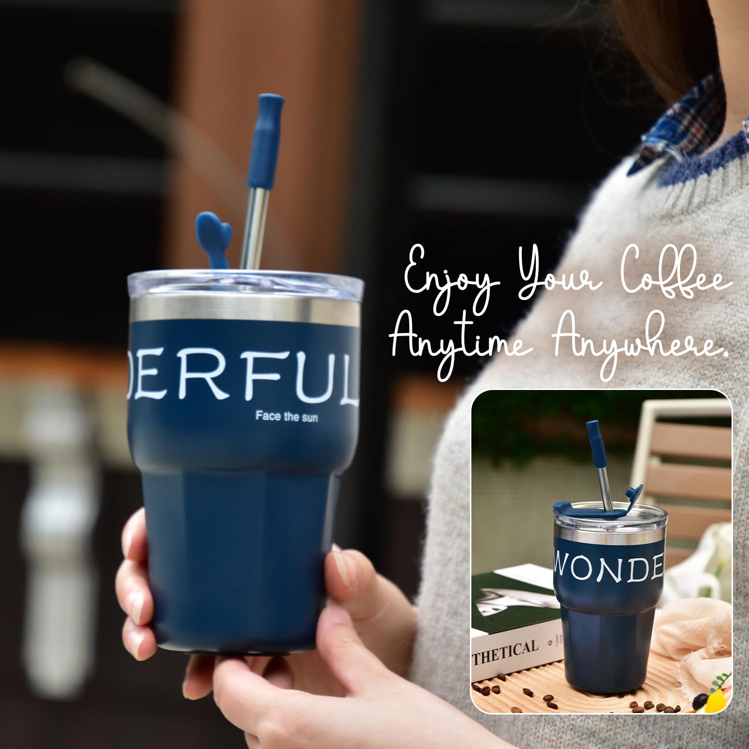 21 oz Travel Coffee Mug, Insulated Tumbler with Lid and Straw Double Wall Vacuum Insulated Tumbler Reusable Coffee Cups for Coffee, Tea and Drinks, Blue