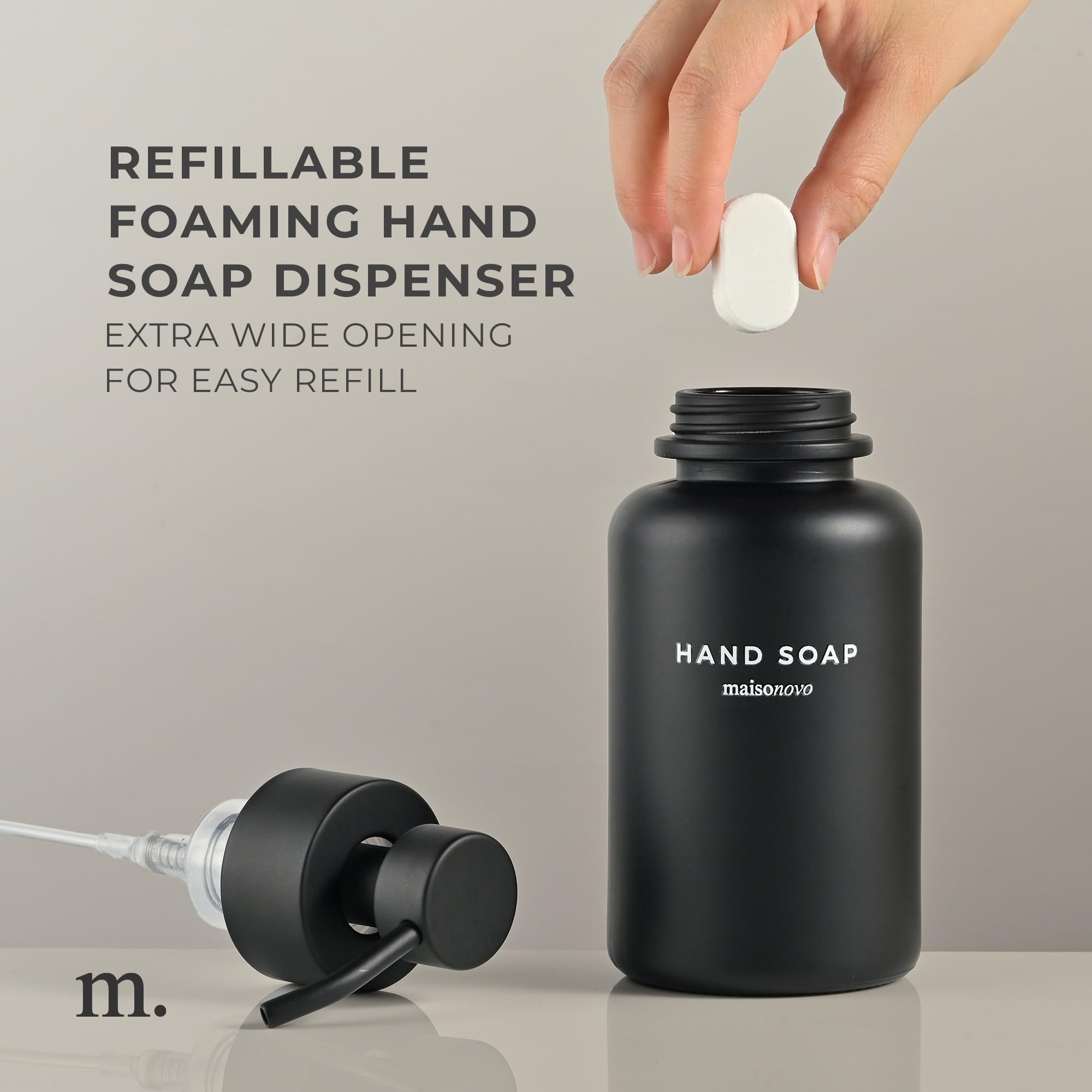 MaisoNovo Glass Foaming Hand Soap Dispenser 14 Oz | Black Foaming Soap Dispenser Black Pump x 1 w/Labels